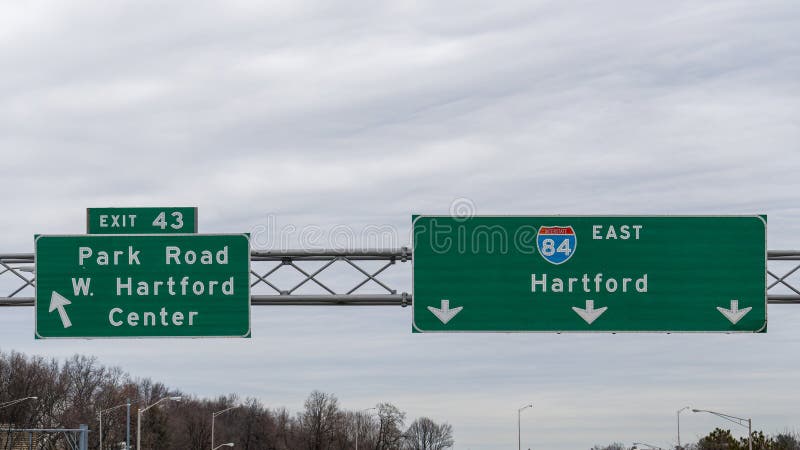 Signs on Interstate 84 in West Hartford, Connecticut for Exit 43 Stock ...