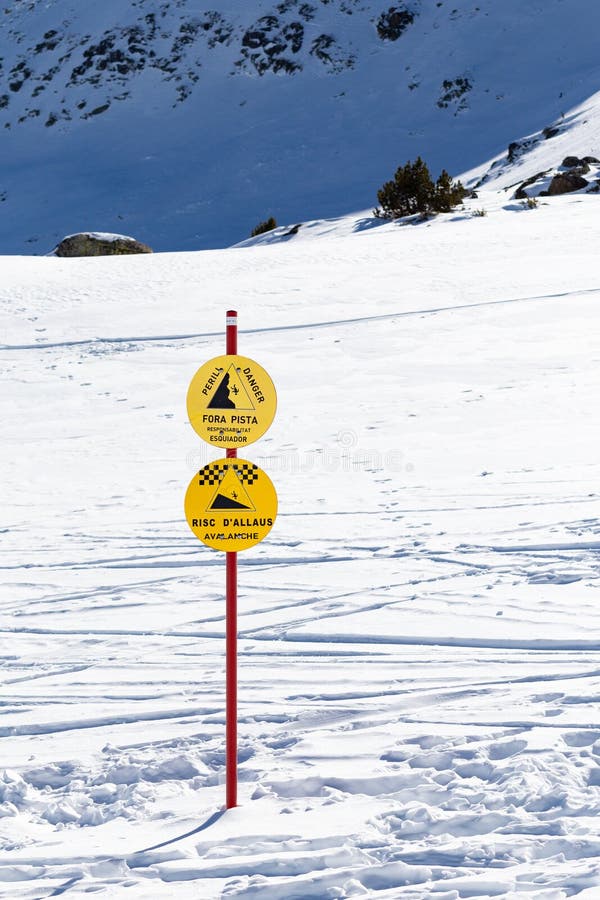 Signs in the Mountains at a Ski Resort with Hazard Warnings. Stock ...