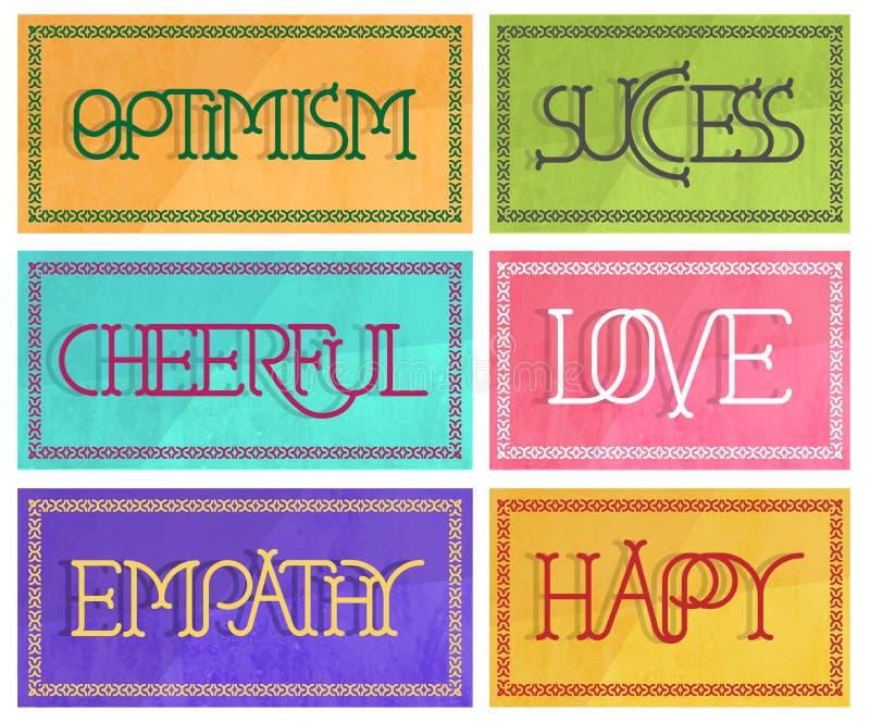 6 Signs with Optimistic Decorative Letters in Pastel Colors Stock ...
