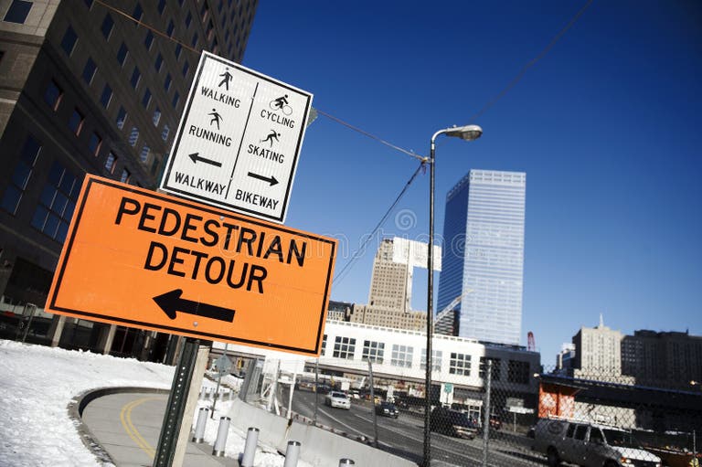 Signs for Pedestrian Detour Stock Photo - Image of skyscraper, urban ...