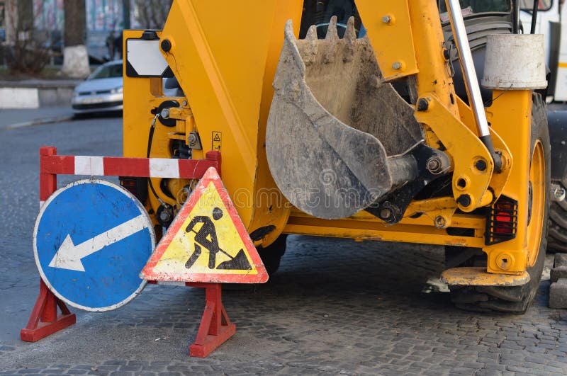 Signs Repair Road and Excavator Stock Image - Image of circle, sign ...