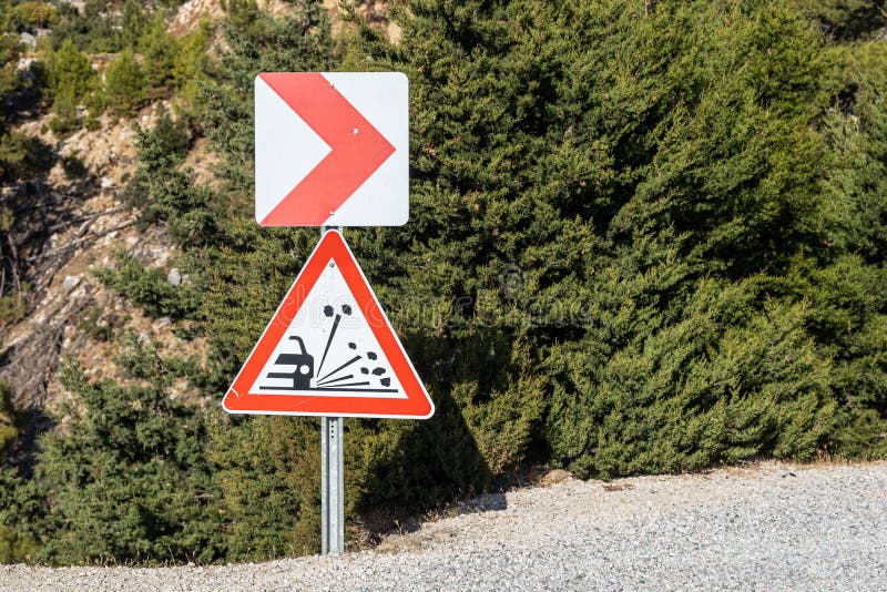 Two Signs on the Road in Mountains in Summer Stock Image - Image of ...