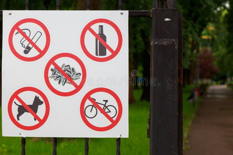 Signs with the Rules of Conduct in a Public Park. Background with Copy ...