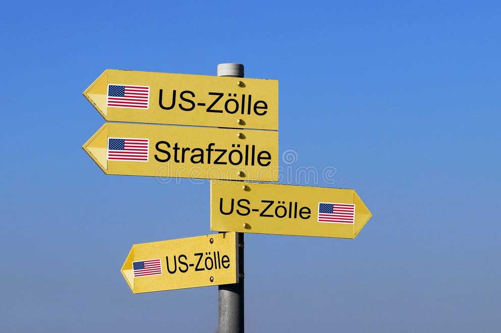 Signs with the Words Punitive Tariffs and US Tariffs and the US Flag ...