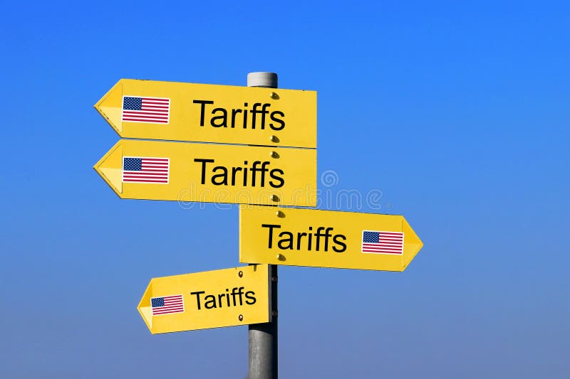 Signs with the Words Tariffs and the US Flag Pointing in Different ...