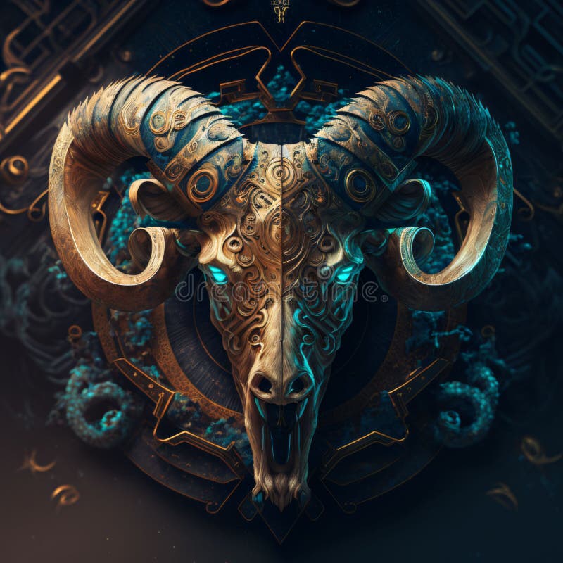 3D Rendering of a Ram Head with Decorative Elements in Vintage Style ...