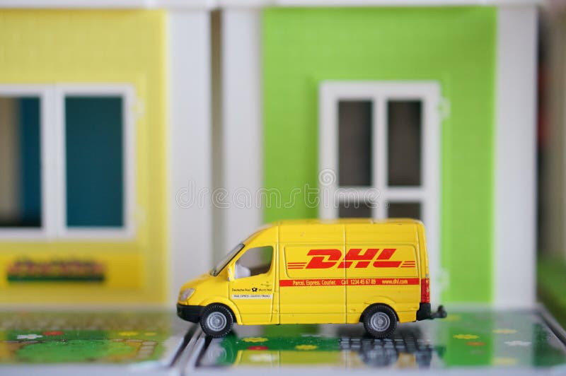 Siku DHL toy model van editorial photography. Image of side - 262182877