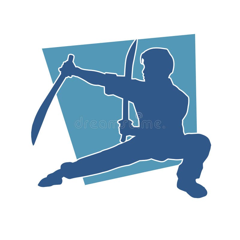 Silhouette of a Male Martial Art Person in Pose with Swords Weapon ...