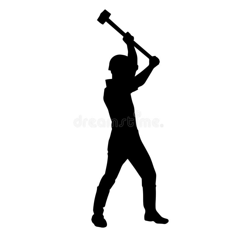 Silhouette of a Worker in Action Pose Using His Sledge Hammer Tool ...