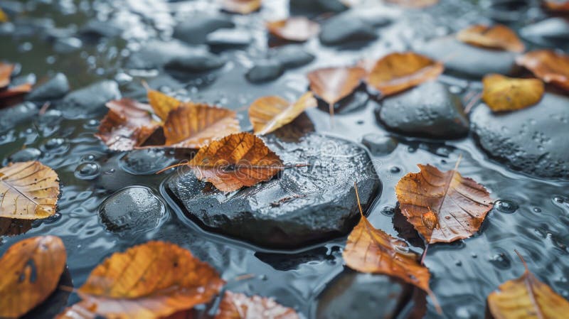 Silent Autumn Leaves and Water Surface Wet with Rain Stock Illustration ...