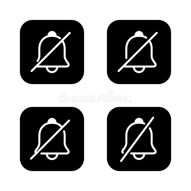 Silent Bell Icon Set on Black Square. Mute Notification Sign Symbol ...