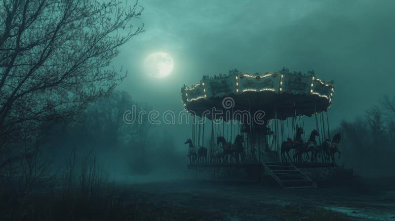 A Silent Carousel Under a Full Moon in a Foggy Forest Stock ...