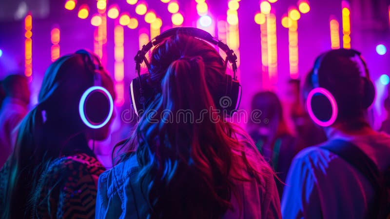 Silent Disco Party with Neon Lights Stock Illustration - Illustration ...