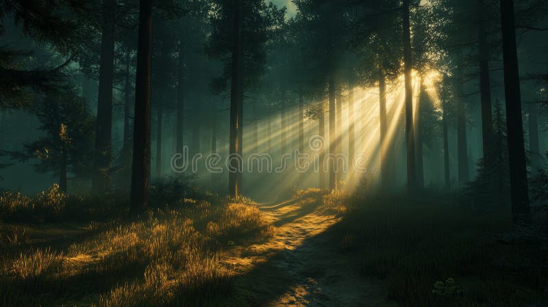 The Silent Forest is Bathed in Beautiful Bright Sun Rays during the ...