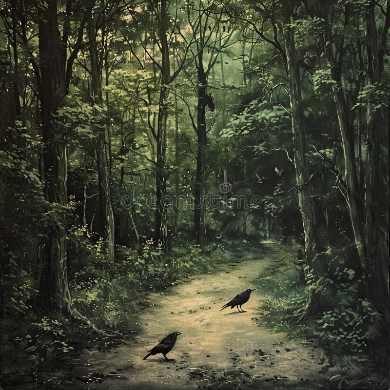 Silent Forest Pathway with Watchful Crows in the Sacred Grove Stock ...