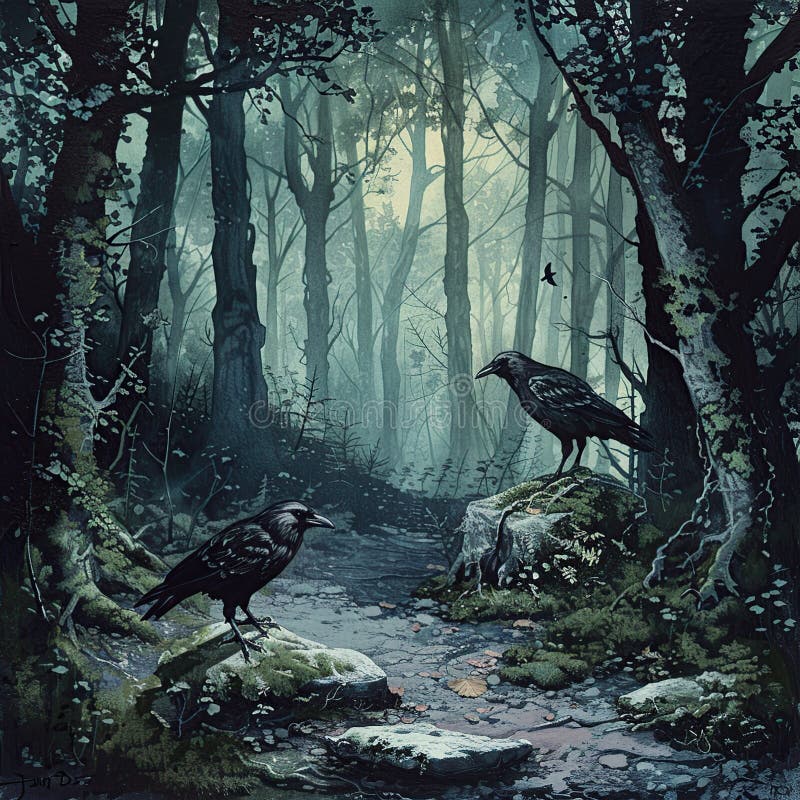 Silent Forest Pathway with Watchful Crows in the Sacred Grove Stock ...