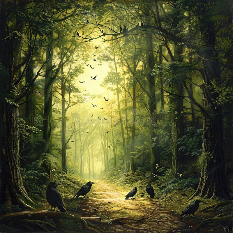 Silent Forest Pathway with Watchful Crows in the Sacred Grove Stock ...