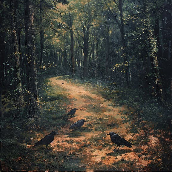 Silent Forest Pathway with Watchful Crows in the Sacred Grove Stock ...
