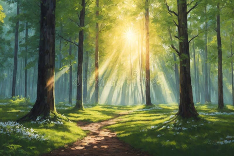 Silent Forest in Spring with Beautiful Bright Sun Rays Stock ...