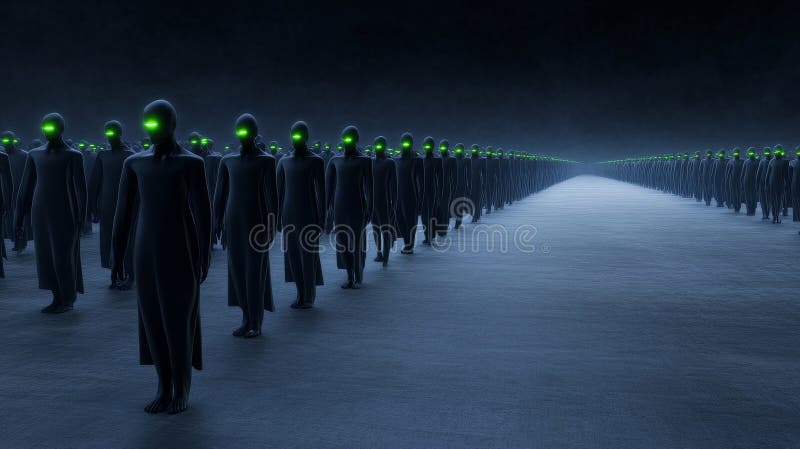 Silent Grey Army Marching Mysterious Figures Glowing Eyes Endless Line ...