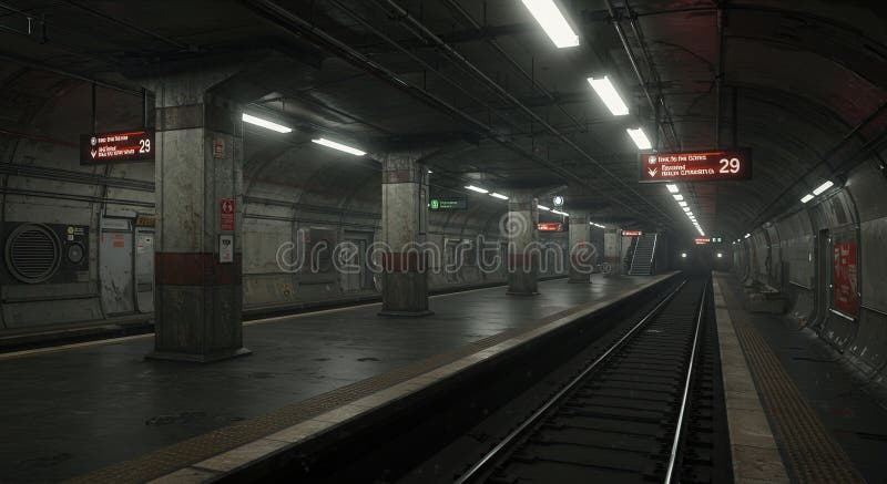 Silent, Grimy Underground Metro Platform 29 Under Harsh Fluorescent ...