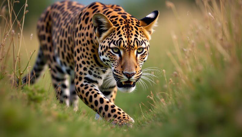 Silent Hunter Leopard Stalking Prey in Tall Grass Stock Illustration ...