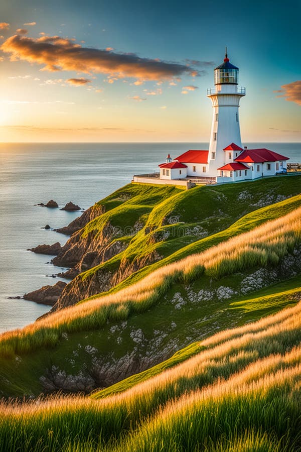 Silent Keeper of the Sea Lighthouse on Grassy Hill Stock Illustration ...