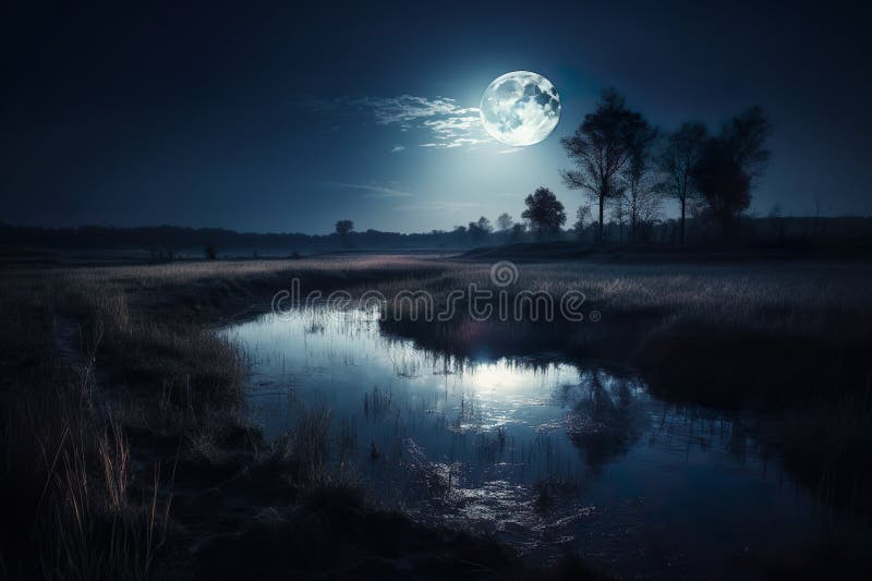 Silent and Peaceful Landscape with Bright Moonlight Reflecting the Big ...