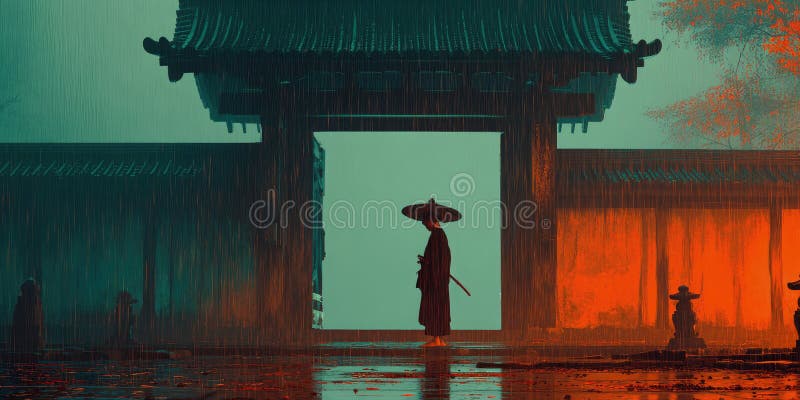 Silhouette of Samurai in Gate during Rainy Weather Stock Illustration ...