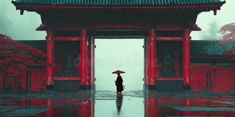 Samurai Standing in Rain Near a Japanese Structure Stock Illustration ...
