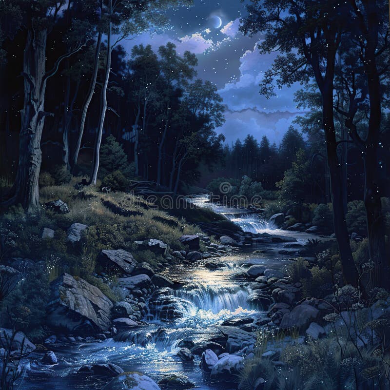 Silent Stream Flowing through a Dark Forest Night Stock Illustration ...