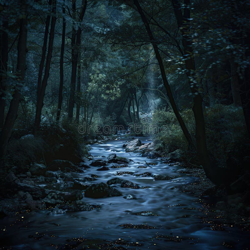 Silent Stream Flowing through a Dark Forest Night Stock Illustration ...