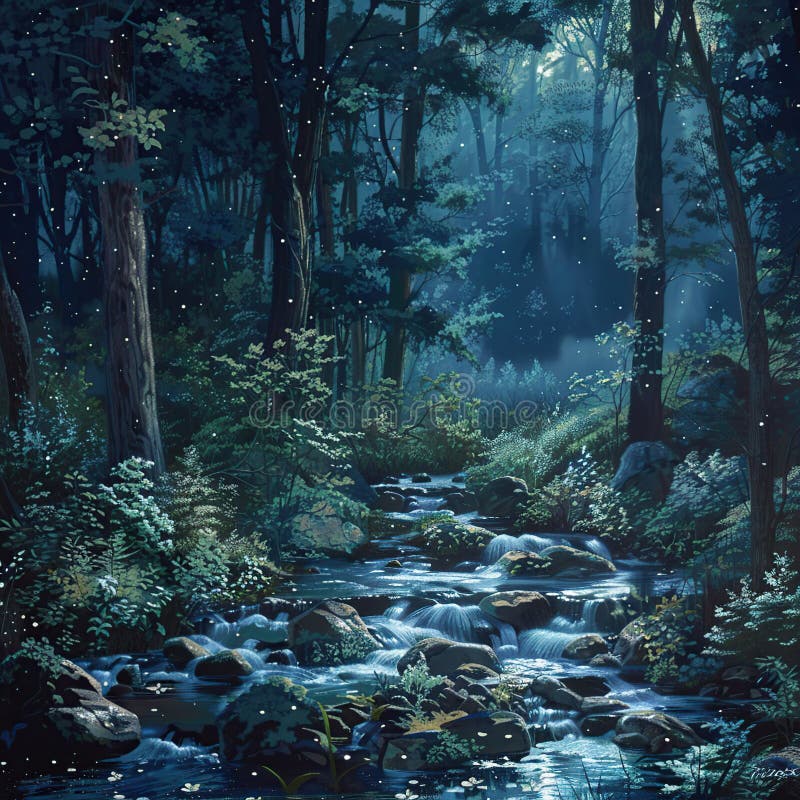 Silent Stream Flowing through a Dark Forest Night Stock Illustration ...