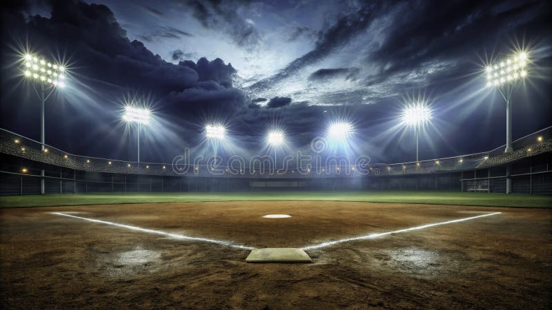 A Silent Symphony of Shadows Dramatic Nighttime Baseball Field Under ...