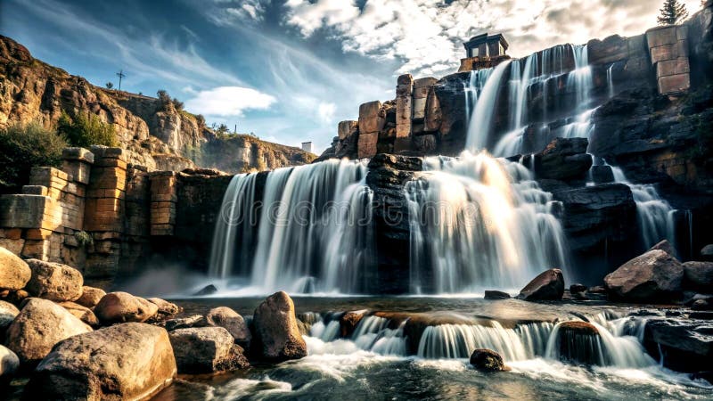 A Silent Symphony of Stone: a Majestic Waterfall Cascades Over Ancient ...