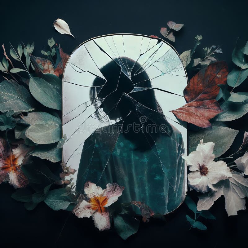 Silhouette on Abstract Background with Flowers and Broken Mirror. Stock ...