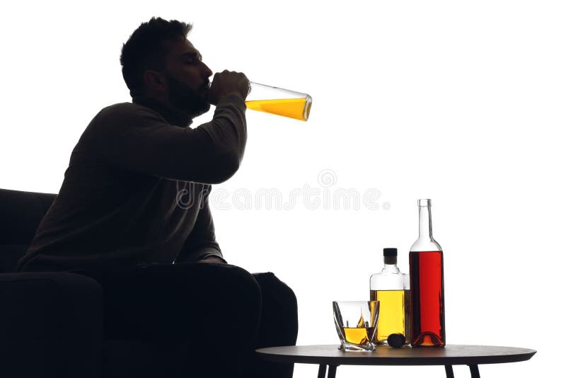 Silhouette of Addicted Man Drinking Alcohol on White Background Stock ...