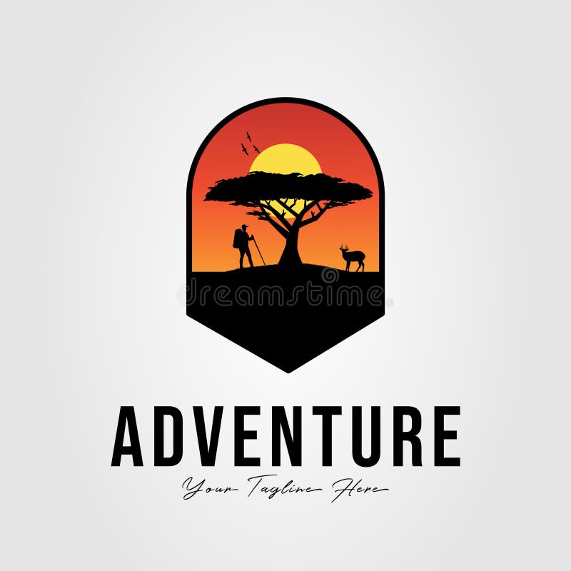 Silhouette Adventurer, Deer and Acacia Tree Logo Vector Illustration ...