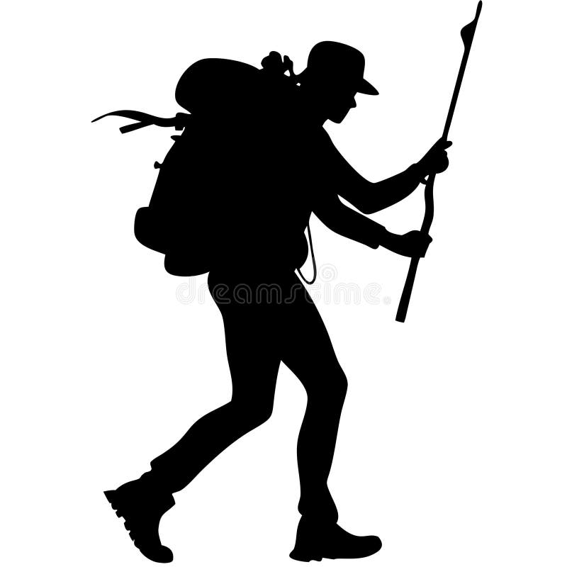 Silhouette of Adventurous Backpacker Trekking with Hiking Stick Stock ...