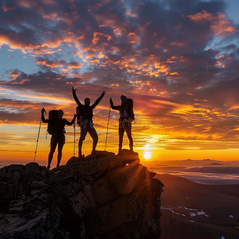 Silhouette of Adventurous Hikers Standing Triumphantly Stock ...