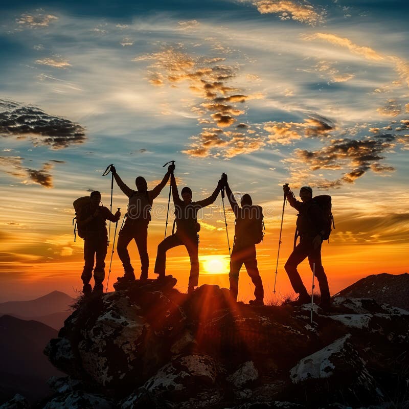 Silhouette of Adventurous Hikers Standing Triumphantly Stock ...