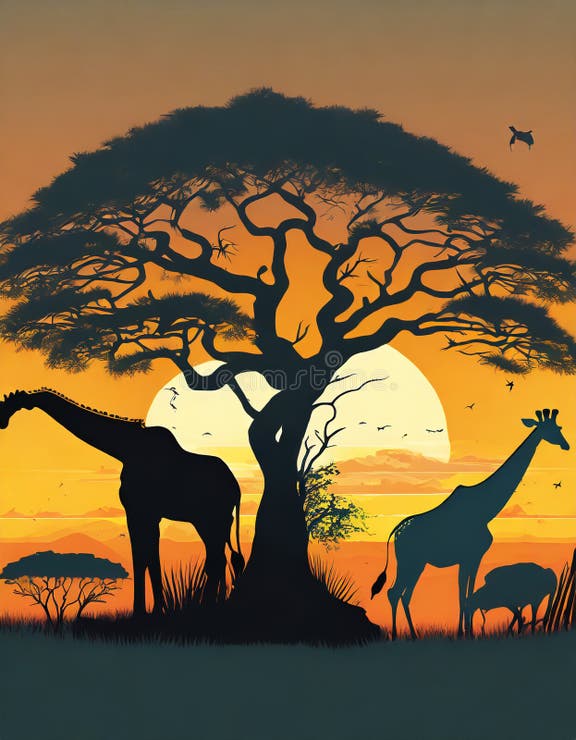A Silhouette of African Animals at Sunset, a Large Tree Stock ...