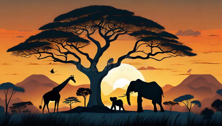 A Silhouette of African Animals at Sunset, a Large Tree Stock ...
