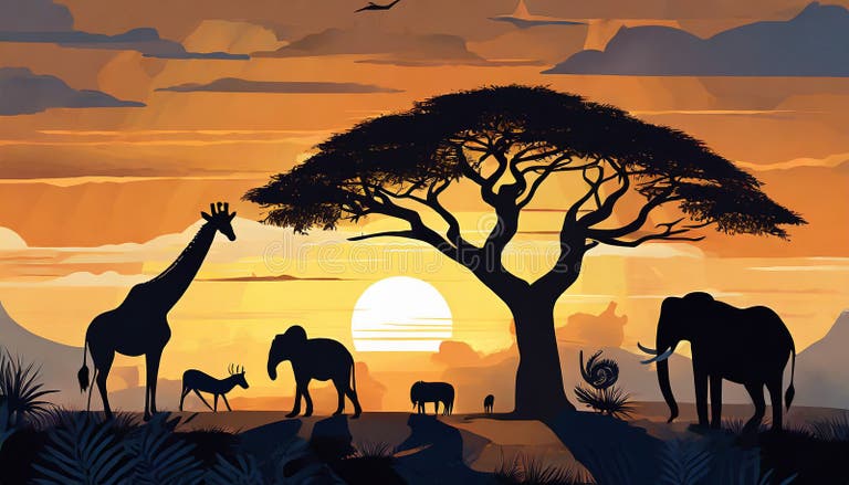 A Silhouette of African Animals at Sunset, a Large Tree Stock ...