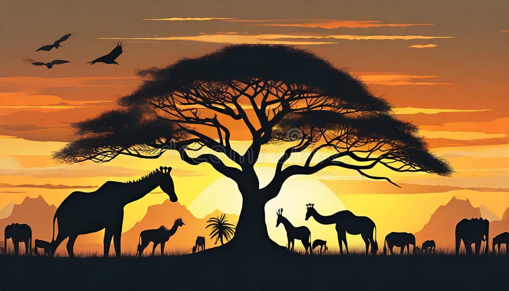 A Silhouette of African Animals at Sunset, a Large Tree Stock ...