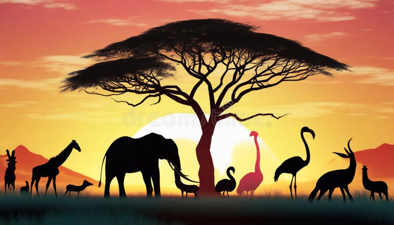 A Silhouette of African Animals at Sunset, a Large Tree Stock ...