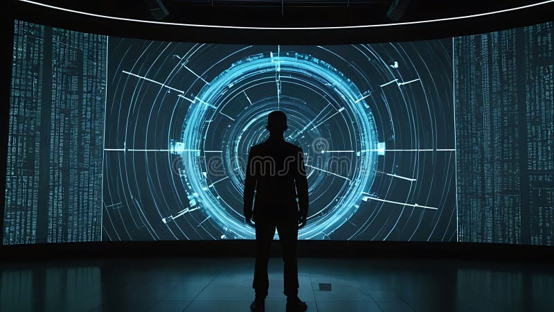 Silhouette Against Glowing Tech Data Interface, Futuristic Tech Scene ...