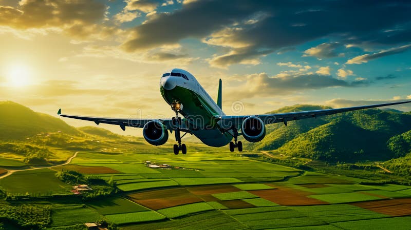 Silhouette of an Airplane Flying Over Green Fields Stock Illustration ...