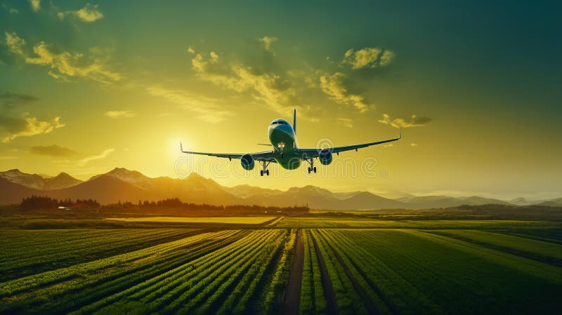 Silhouette of an Airplane Flying Over Green Fields Stock Illustration ...