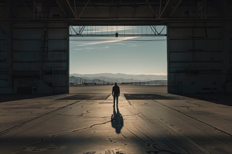 Silhouette in Airplane Hangar at Sunset Stock Photo - Image of dusk ...